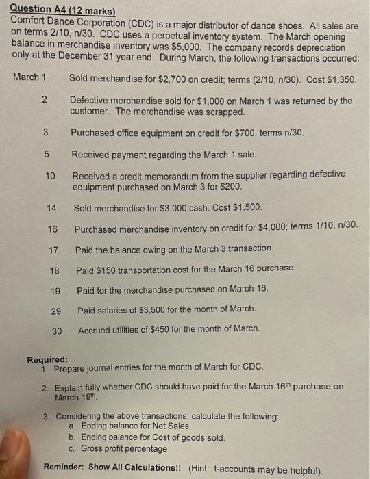 Solved 2uestion A4 (12 marks) Comfort Dance Corporation | Chegg.com