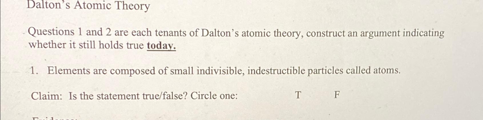 Solved Dalton's Atomic TheoryQuestions 1 ﻿and 2 ﻿are each | Chegg.com