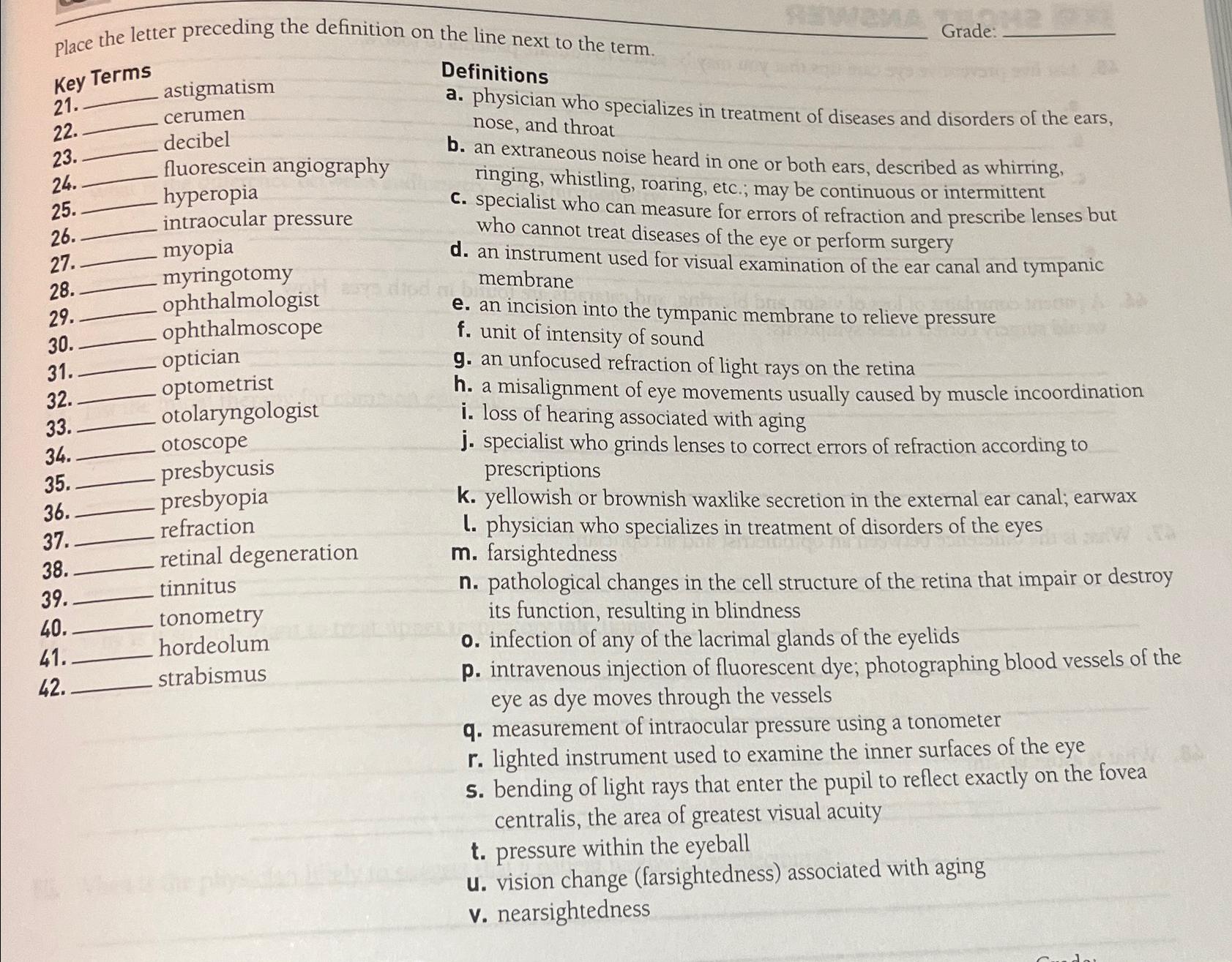 Solved place the letter preceding the definition on the line | Chegg.com