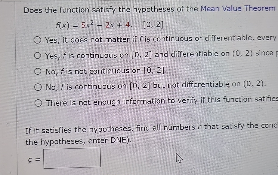 Solved Does the function satisfy the hypotheses of the Mean | Chegg.com