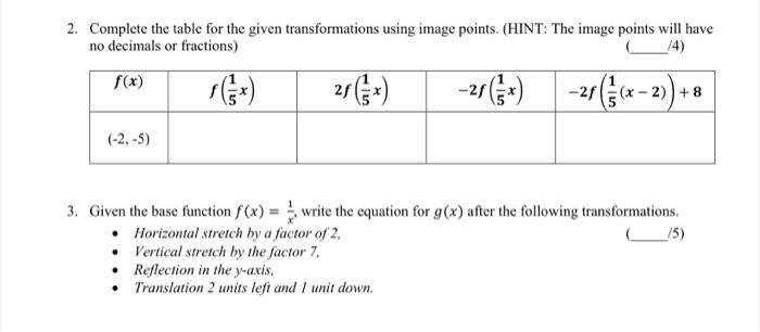 2. Complete the table for the given transformations | Chegg.com