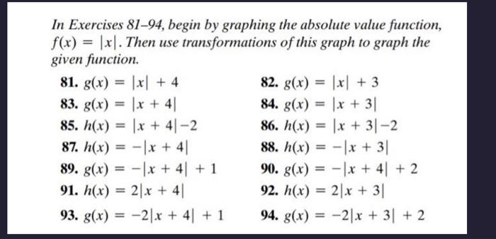 Solved In Exercises 81-94, begin by graphing the absolute | Chegg.com