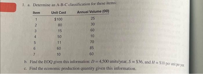 Solved 1. a. Determine an A-B-C classification for these | Chegg.com