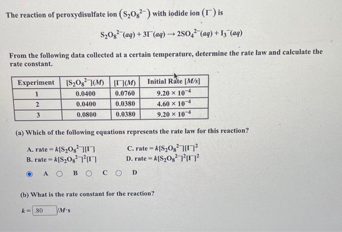 Solved The reaction of peroxydisulfate ion (S2O82−) with | Chegg.com