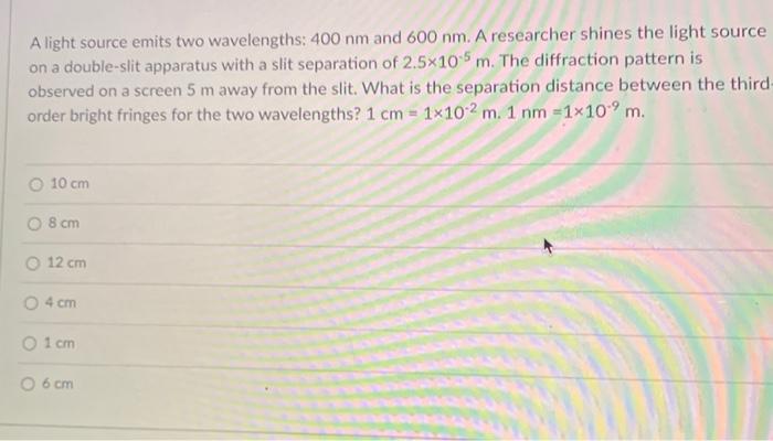 Solved A light source emits two wavelengths: 400 nm and 600 | Chegg.com