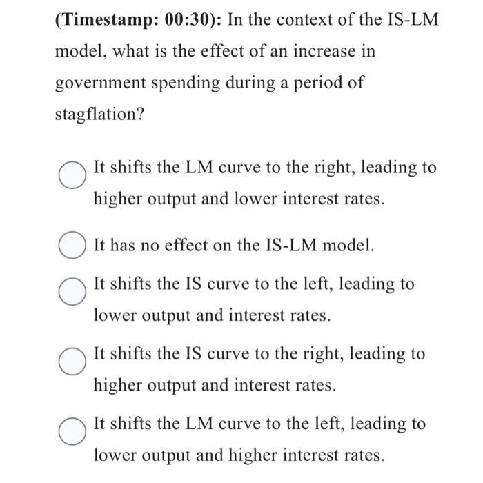 Solved (Timestamp: 00:30): In the context of the IS-LM | Chegg.com