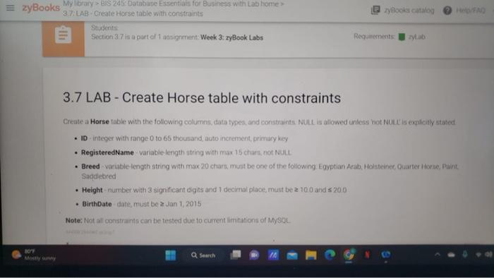 Solved 3.7 LAB - Create Horse table with constraints - ID - | Chegg.com Solved 3.7 LAB - Create Horse table with constraints - ID - | Chegg.com