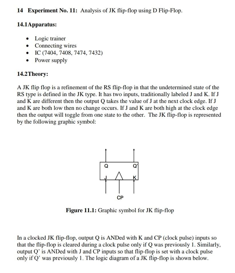 Solved 14 Experiment No. 11: Analysis of JK flip-flop using | Chegg.com