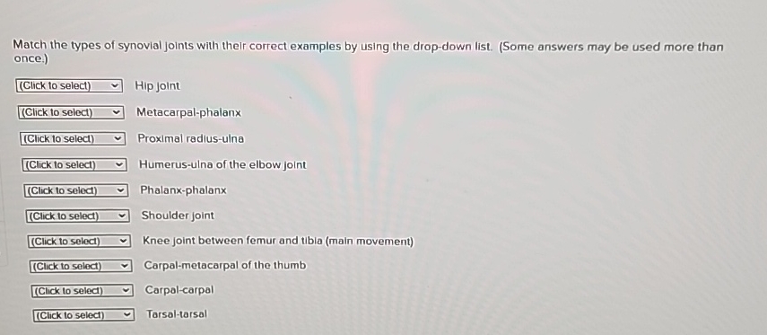 Solved Match the types of synovial joints with their correct | Chegg.com