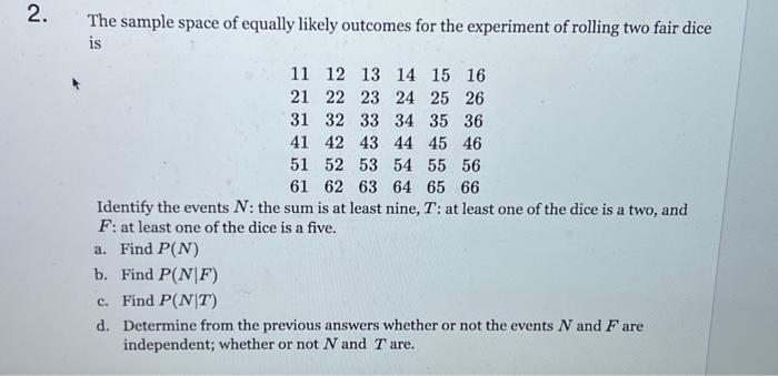 Solved The sample space of equally likely outcomes for the | Chegg.com