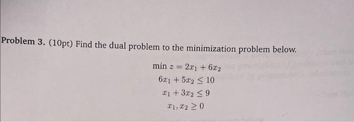 Solved Problem 3. (10pt) Find the dual problem to the | Chegg.com