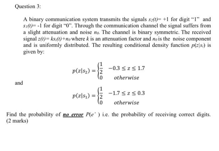 Solved A binary communication system transmits the signals | Chegg.com