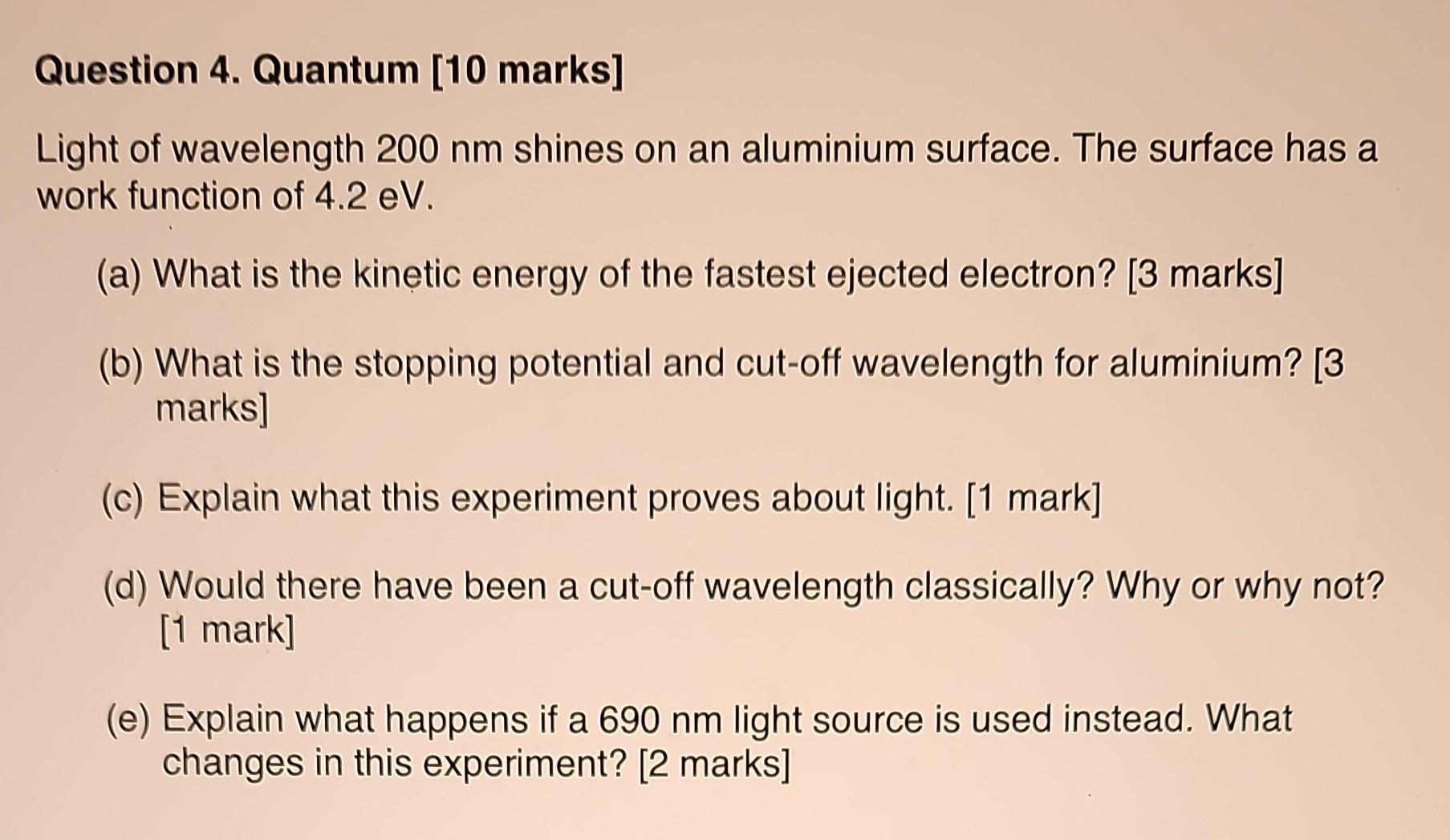 Solved Light of wavelength 200 nm shines on an aluminium | Chegg.com