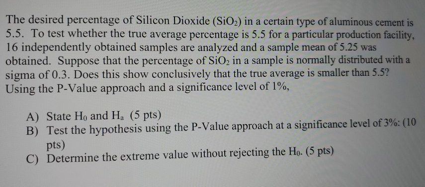 Solved The desired percentage of Silicon Dioxide (SiO2) in a | Chegg.com