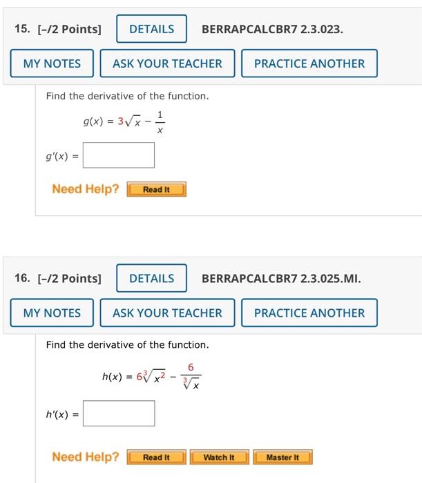 Solved 15. [-/2 Points ] BERRAPCALCBR7 2.3.023. Find the | Chegg.com