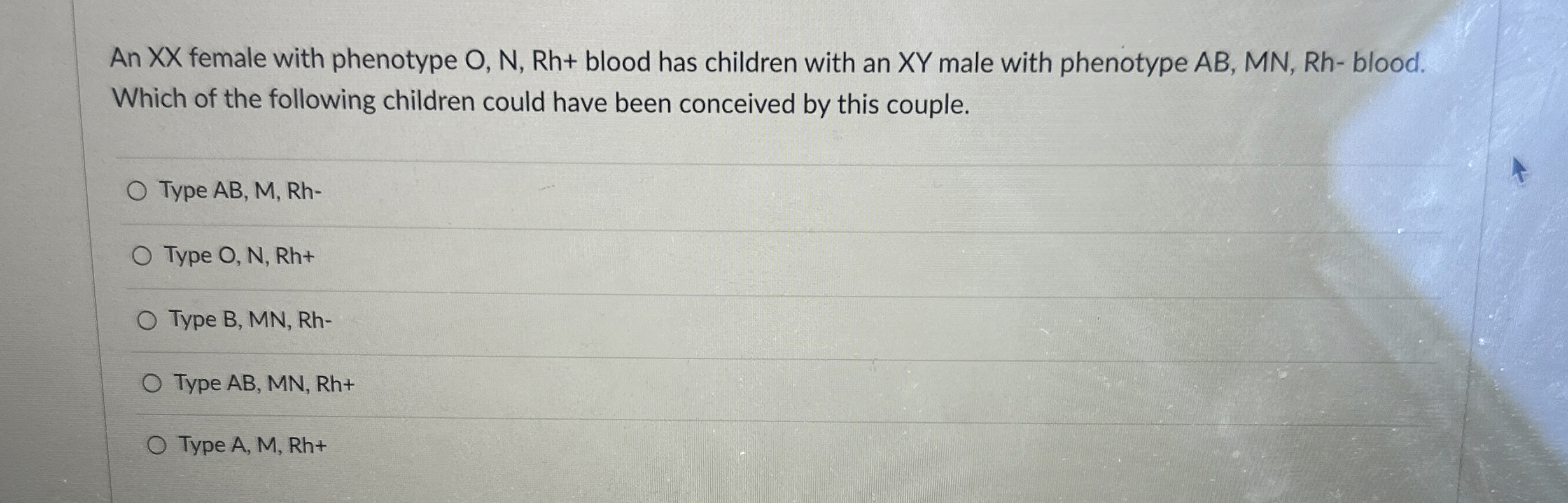 Solved An xx ﻿female with phenotype O,N,Rh+ ﻿blood has | Chegg.com