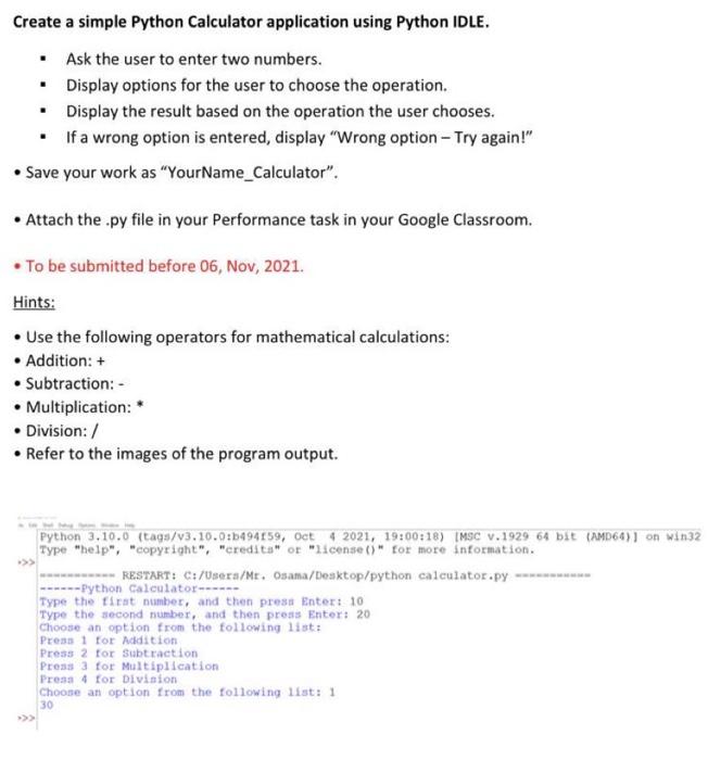 Solved Create A Simple Python Calculator Application Using