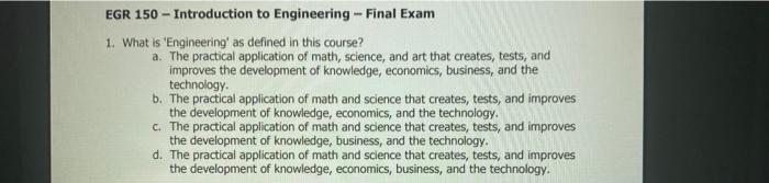 Solved EGR 150 - Introduction to Engineering - Final Exam 1. | Chegg.com