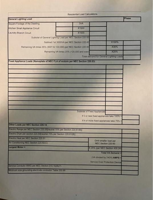 Phase Residential Load Calculations General Lighting | Chegg.com