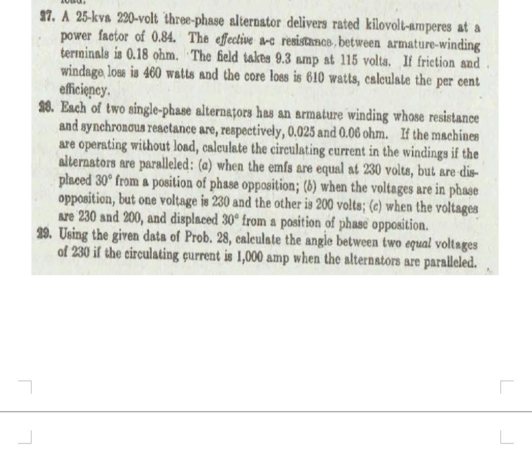 Solved 37. A 25-kva 220-volt three-phase alternator delivers | Chegg.com