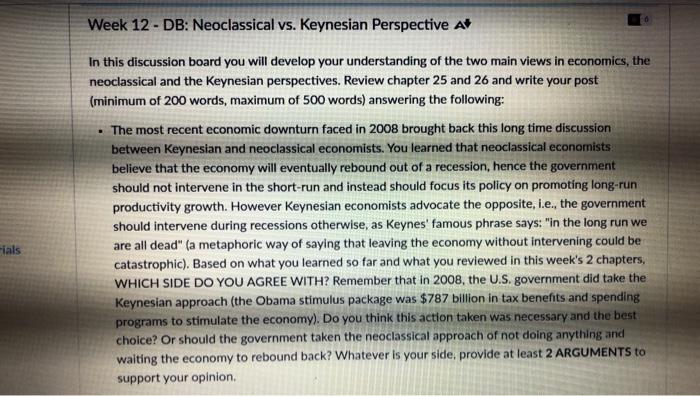 Solved Week 12 - DB: Neoclassical vs. Keynesian Perspective | Chegg.com