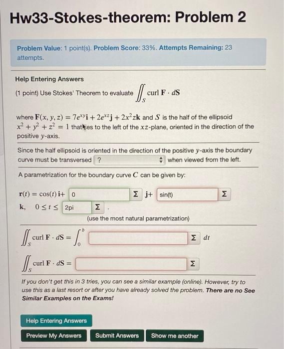 Solved Hw33-Stokes-theorem: Problem 2 Problem Value: 1 | Chegg.com
