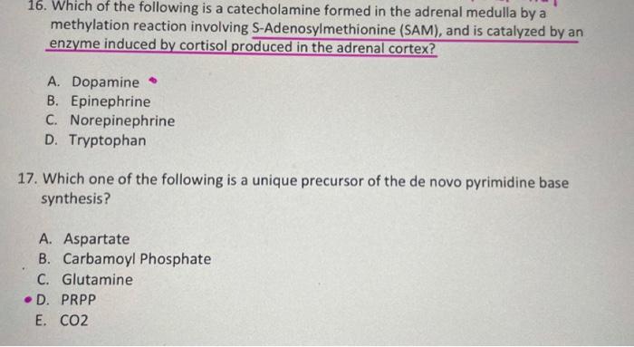 Solved 16. Which of the following is a catecholamine formed | Chegg.com