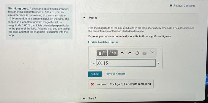Solved A Review Constanta Part A Shrinking Loop. A circular | Chegg.com