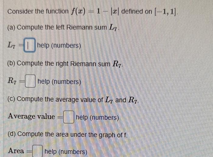 Solved Consider the function f(x)=1−∣x∣ defined on [−1,1]. | Chegg.com