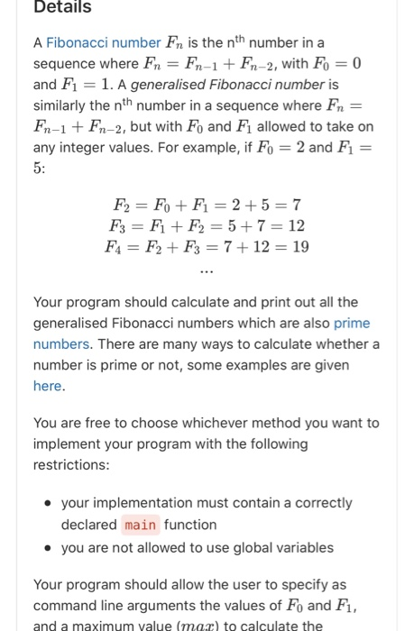 Solved Details A Fibonacci number Fn is the nth number in a | Chegg.com