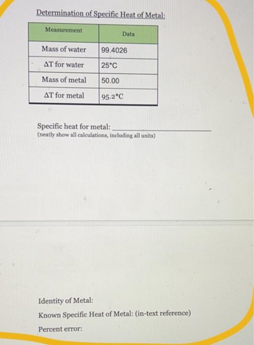 Solved Determination of Specific Heat of Metal: Specific | Chegg.com