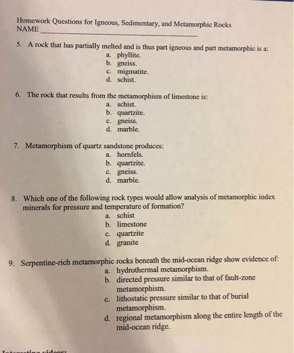 Solved Homework Questions for Igneous, Sedimentary, and | Chegg.com