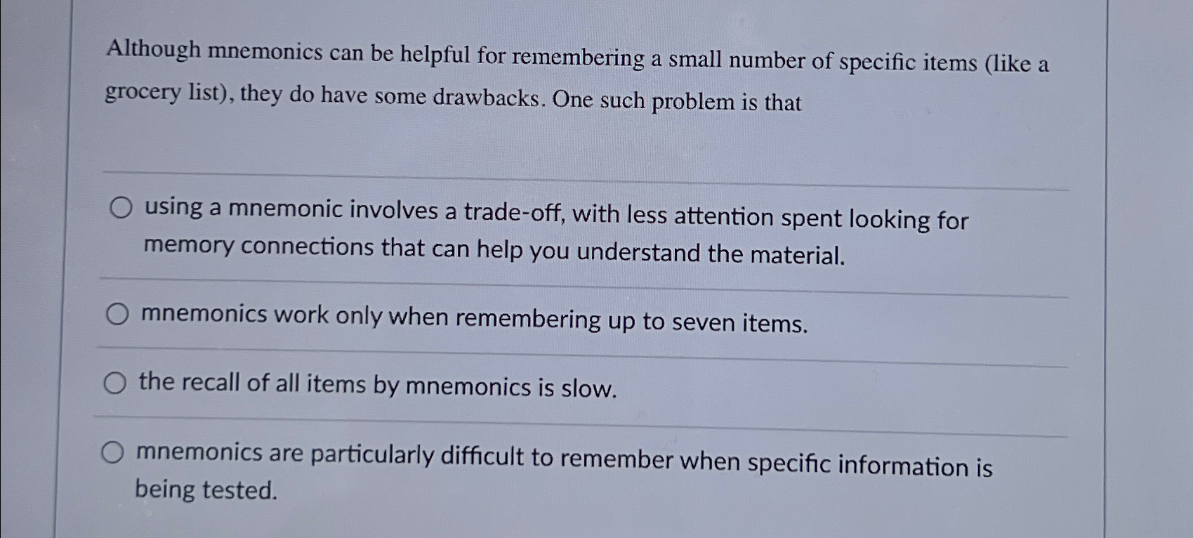 Solved Although mnemonics can be helpful for remembering a | Chegg.com
