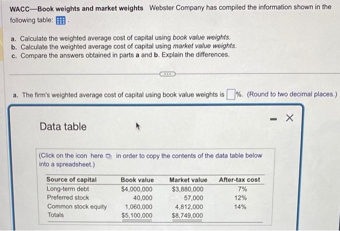 Solved WACC-Book weights and market weights Webster Company | Chegg.com