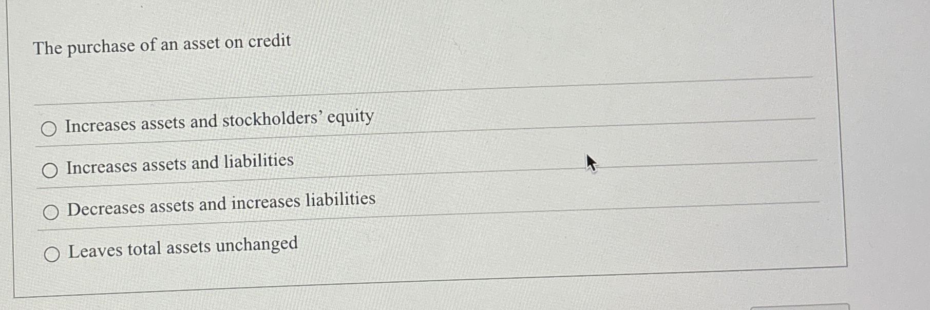 Solved The purchase of an asset on creditIncreases assets | Chegg.com