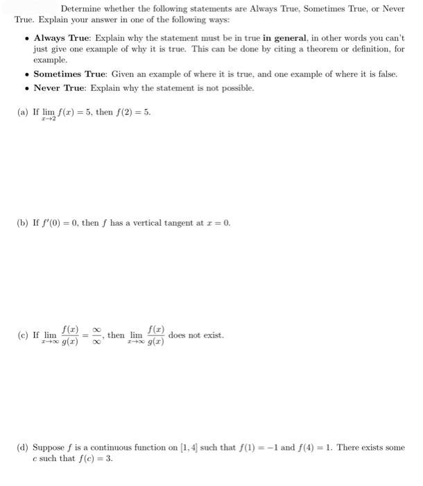 Solved Determine whether the following statements are Always | Chegg.com
