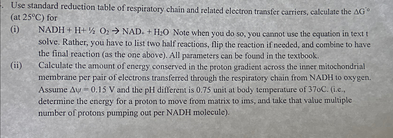 Solved Use standard reduction table of respiratory chain and | Chegg.com