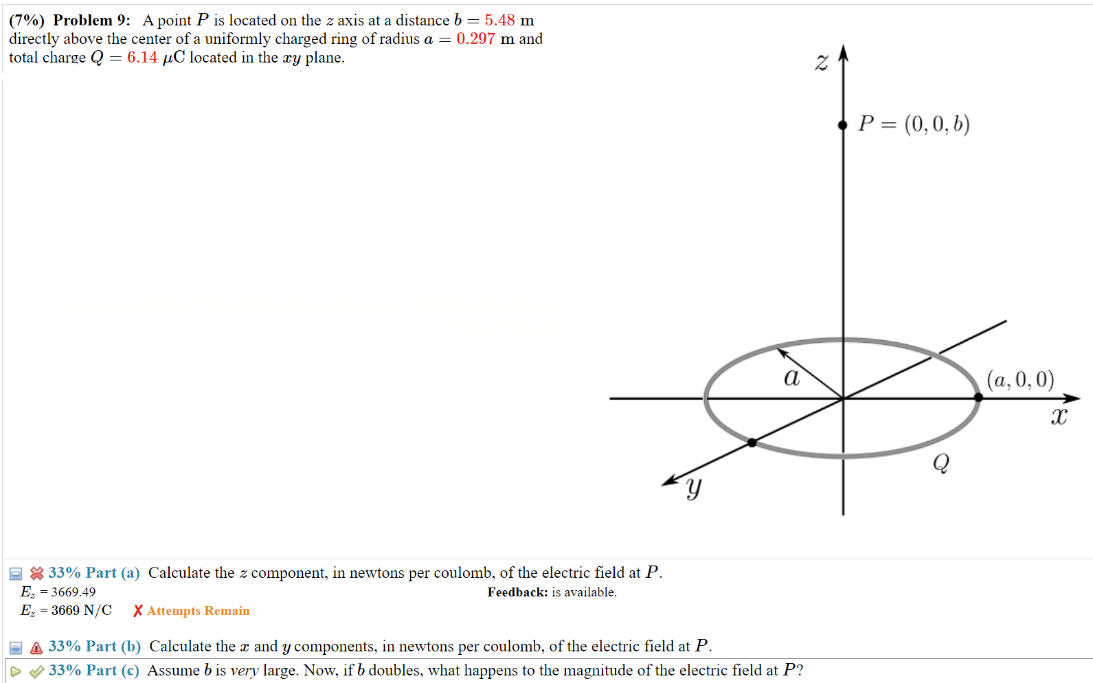 Solved 33% ﻿Part (a) ﻿Calculate the z ﻿component, in newtons | Chegg.com