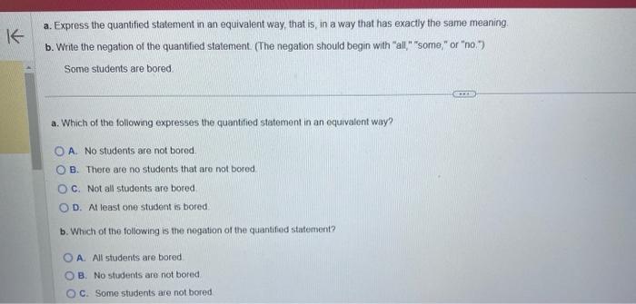 Solved a. Express the quantified statement in an equivalent | Chegg.com