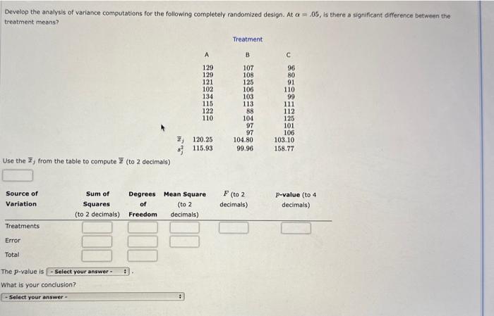 Solved Develop the analysis of variance computations for the | Chegg.com