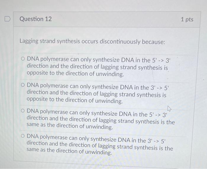 Solved Lagging strand synthesis occurs discontinuously | Chegg.com