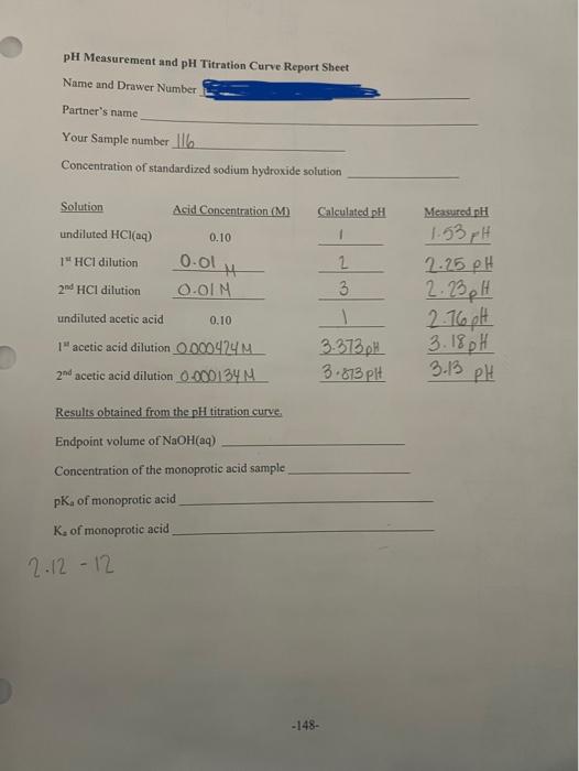 pH Measurement and pH Titration Curve Report Sheet | Chegg.com