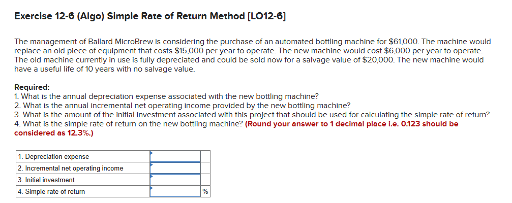 Solved Exercise 12-6 (Algo) ﻿Simple Rate of Return Method | Chegg.com