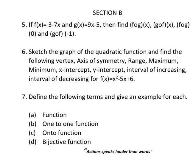 Solved SECTION B 5. If f(x)= 3-7x and g(x)=9x-5, then find | Chegg.com