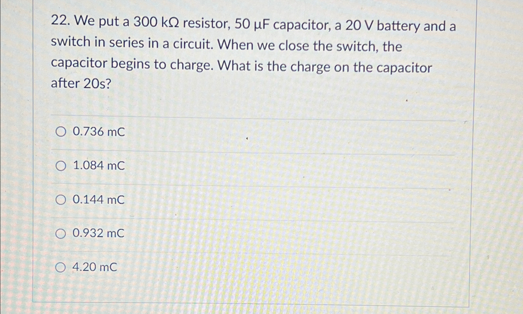 Solved We put a 300kΩ ﻿resistor, 50μF ﻿capacitor, a 20V | Chegg.com