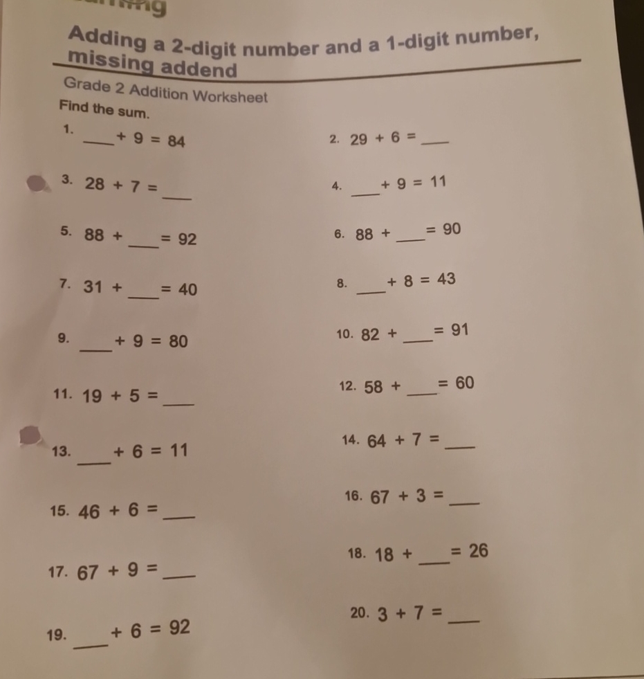 Adding a 2-digit number and a 1-digit number, missing | Chegg.com