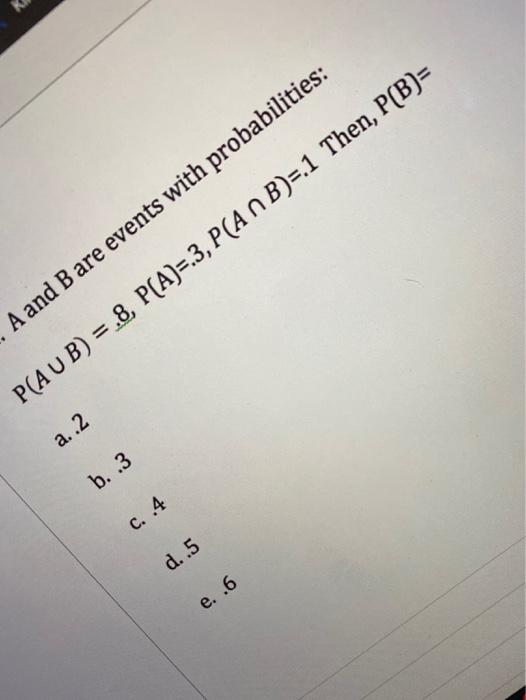 Solved A and B are events with probabilities: P(AUB) = .8, | Chegg.com