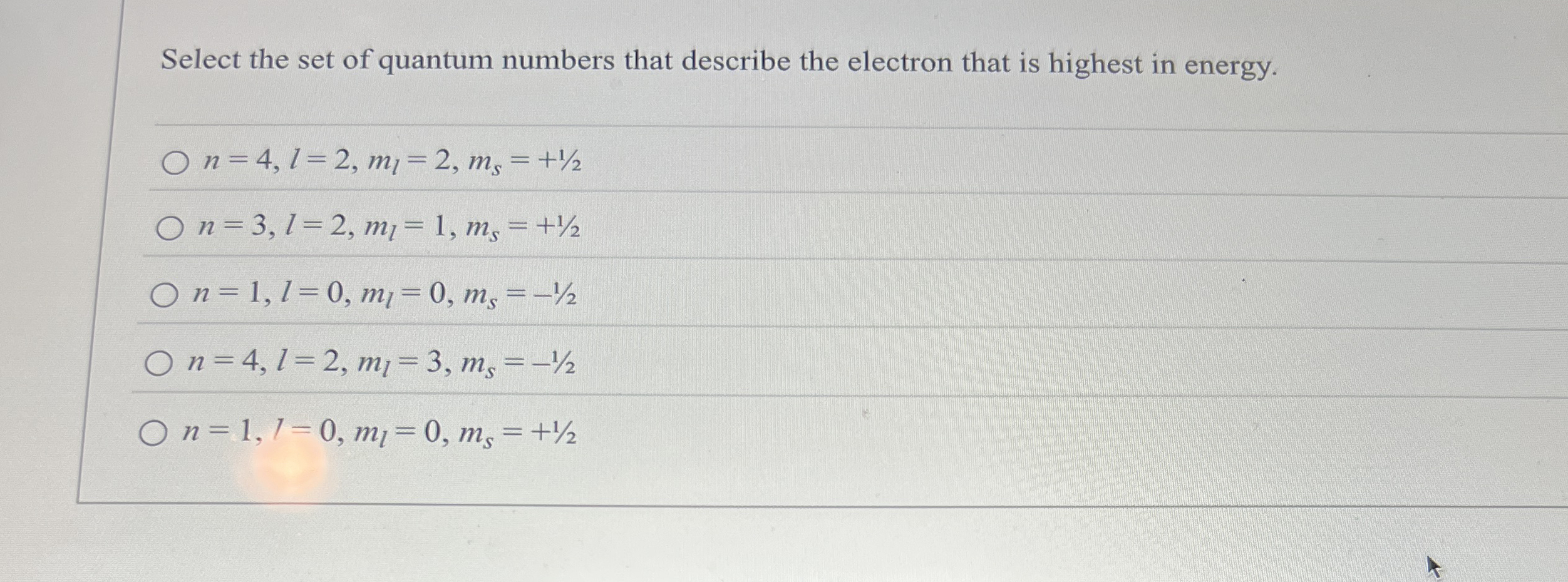 Solved Select the set of quantum numbers that describe the | Chegg.com
