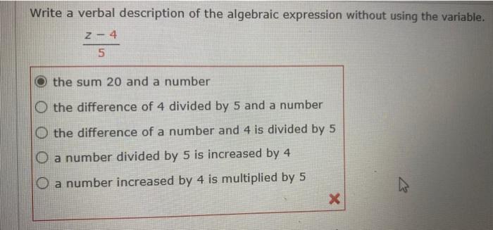 Solved Write a verbal description of the algebraic | Chegg.com