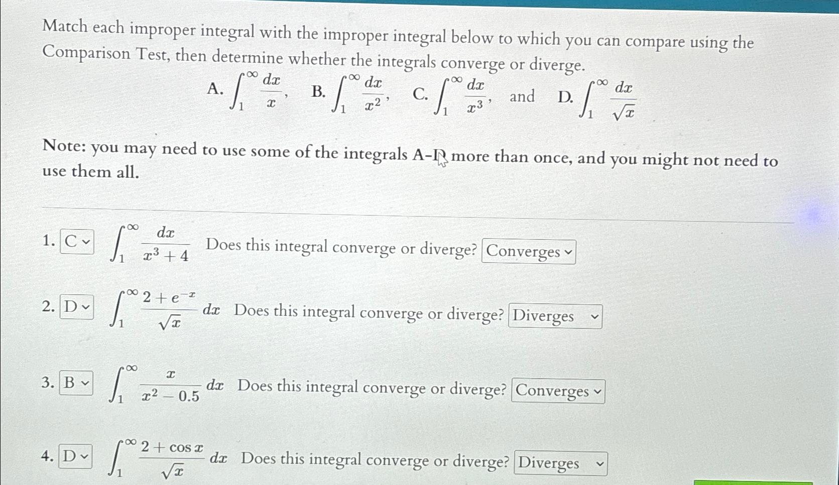 Solved Match each improper integral with the improper | Chegg.com